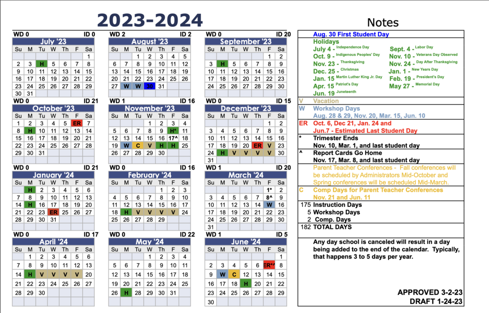 2023-2024 School Calendar | Suzanne M. Smith Elementary School