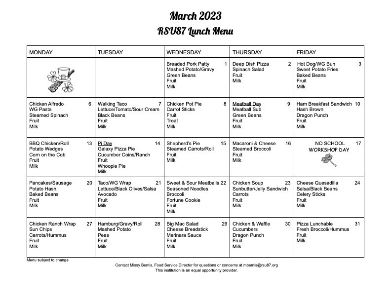 March Breakfast and Lunch Menus | Suzanne M. Smith Elementary School